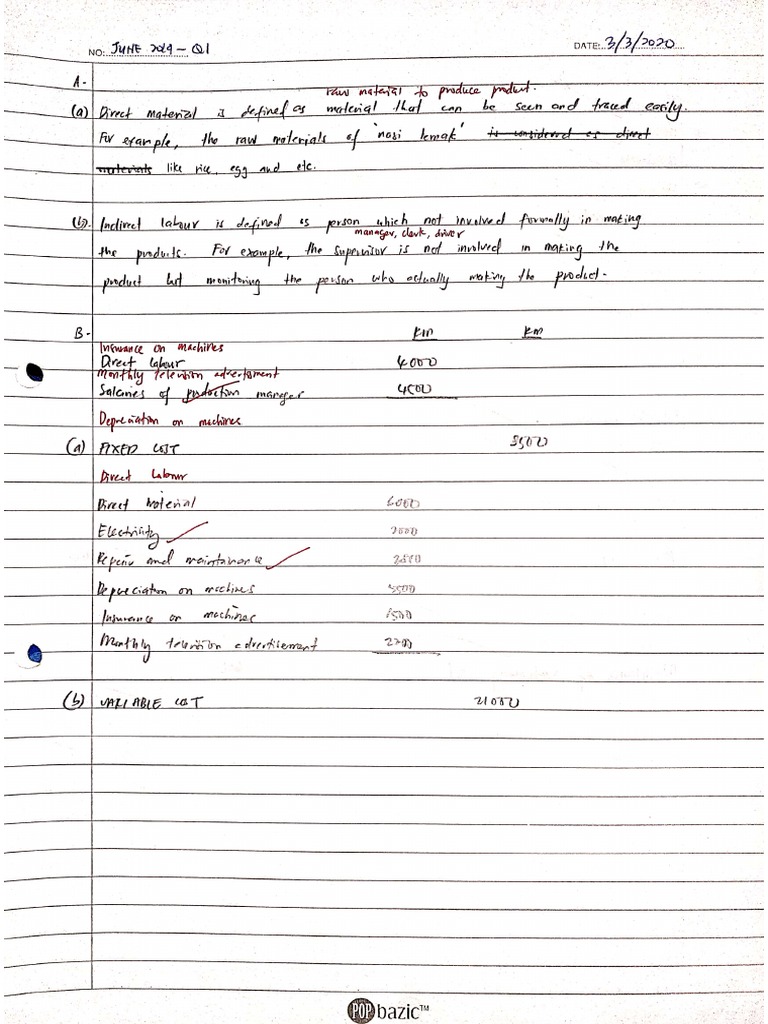 Example Question 1 Solution Past Year MAF151 - Cost Statement | PDF