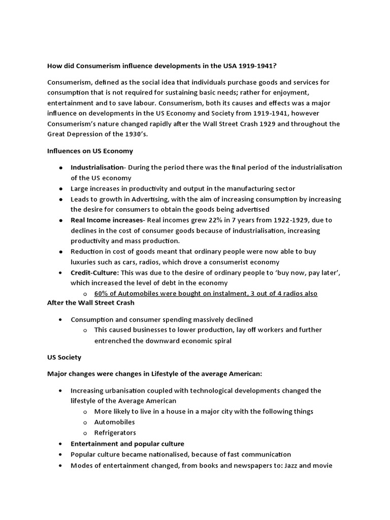 Modern History Notes - USA 1919-1941 | PDF | New Deal | Consumerism