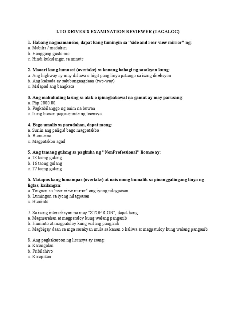 Lto Driver Exam Reviewer Updated | PDF