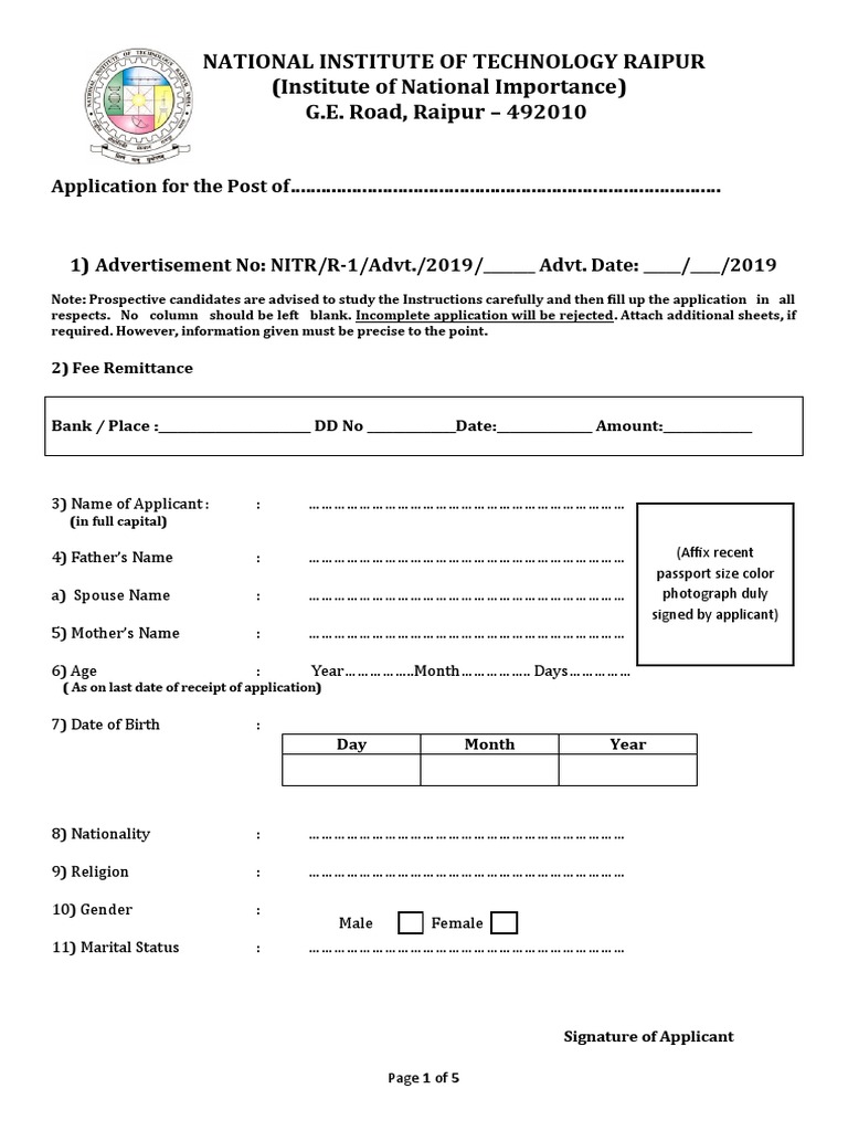 NIT Raipur Application Form | PDF | Business