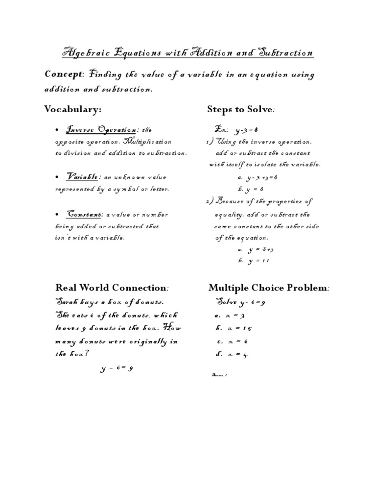 Algebraic Equations With Addition and Subtraction | PDF