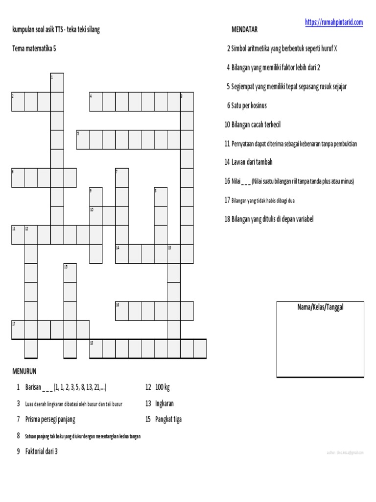 Teka-Teki Silang Matematika Kelas 5 | PDF