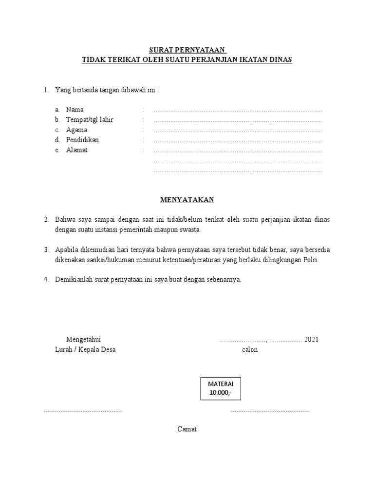 Surat Perjanjian Tidak Terikat Oleh Suatu Perjanjian Ikatan Dinas Pdf