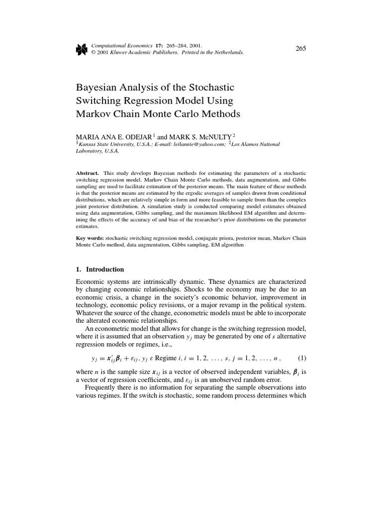 Computational Economics Bayesian Analysis Of The Stochastic Switching Regression Model Using
