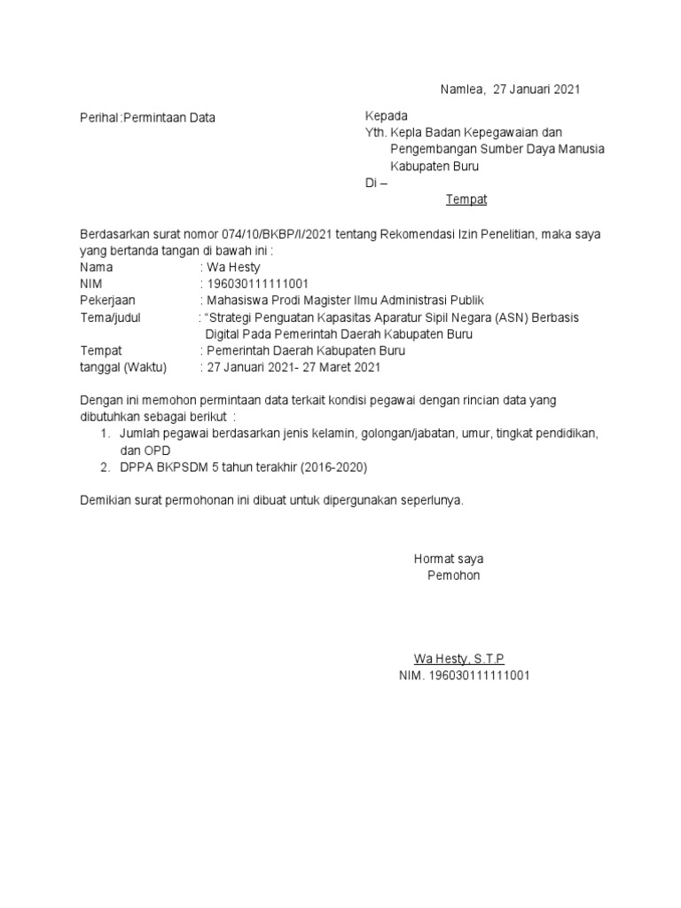Surat Permohonan Data BKPSDM | PDF