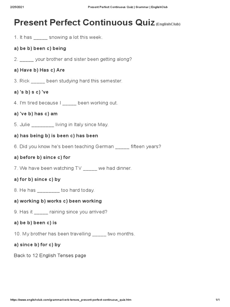 Present Perfect Continuous Quiz - Grammar - EnglishClub | PDF