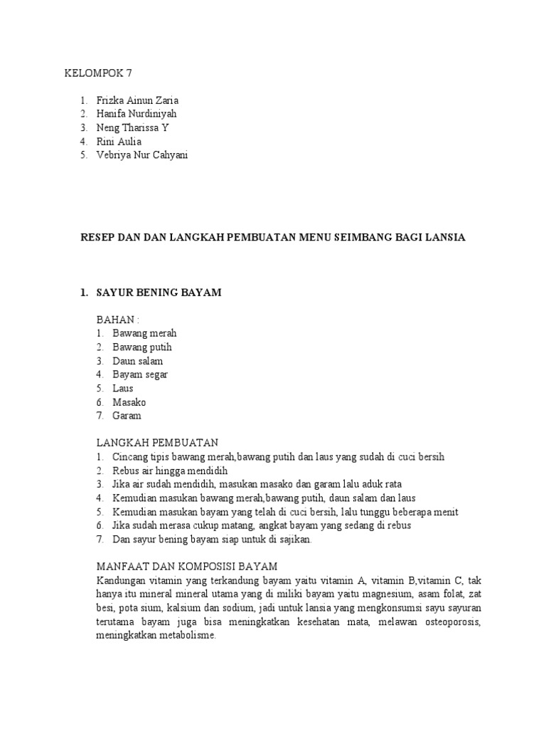 Resep Menu Untuk Lansia Kel 7 | PDF