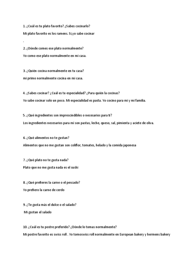 Preguntas Sobre La Comida (Spanish) | PDF