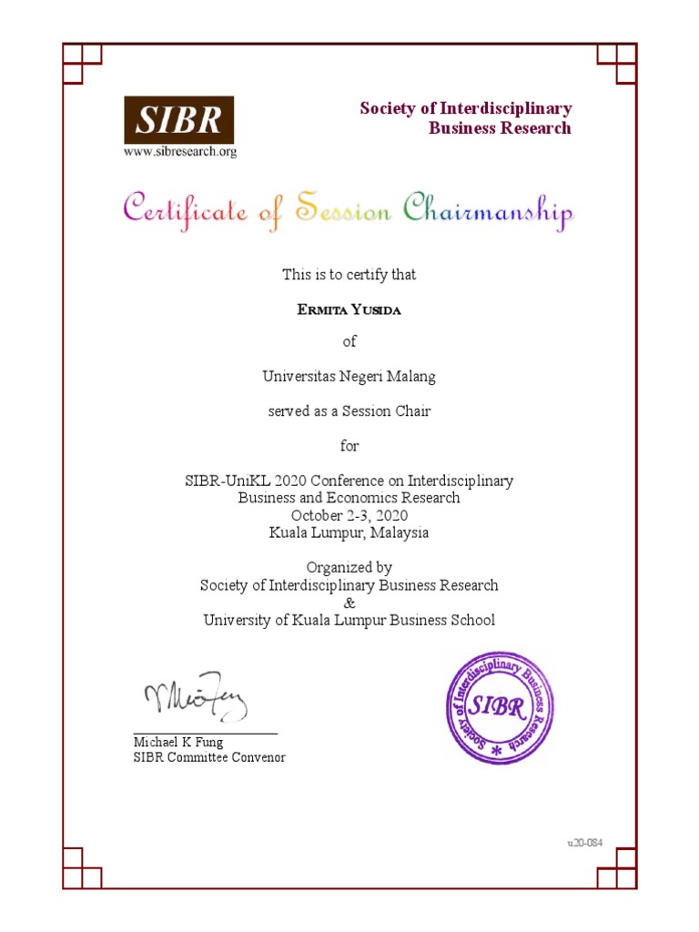 Session Chair Certificate for SIBR 2020 | PDF | Business