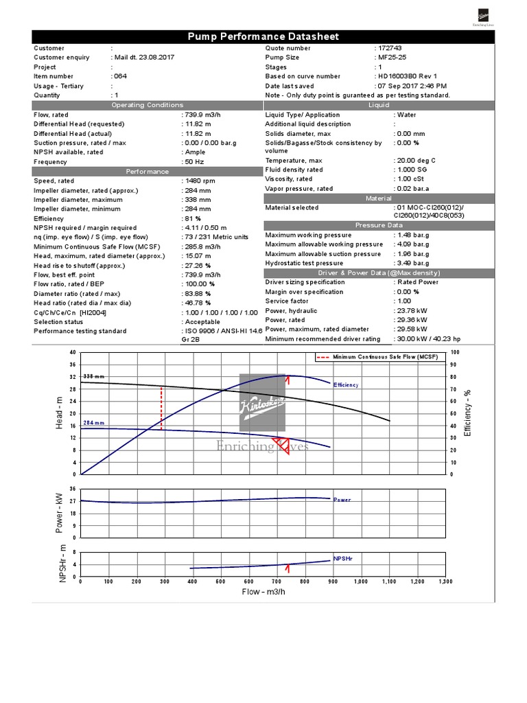 Pump Performance Datasheet: Operating Conditions Liquid | PDF | Pump ...