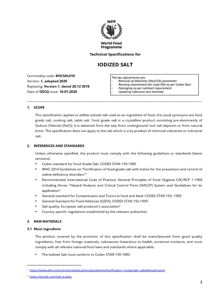 Iodized Salt: Technical Specifications For | PDF | Salt | Hazard ...