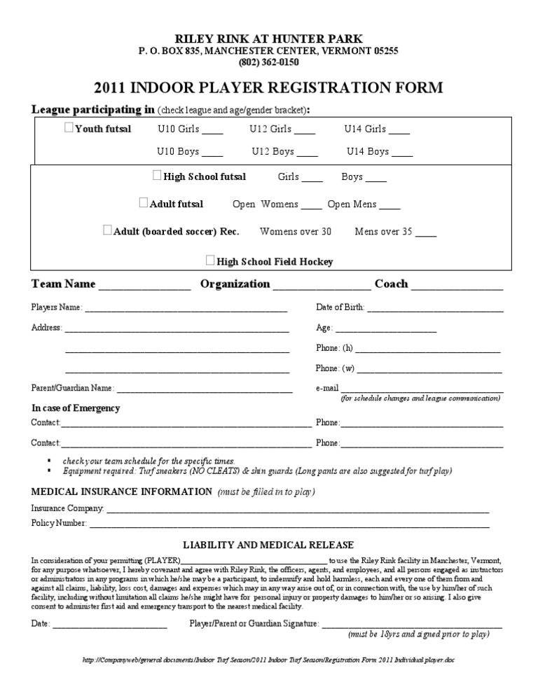 2011 Indoor Player Registration Form | PDF | Indemnity | Government