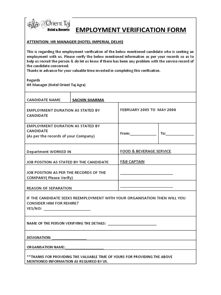 Employment Verification Request Form | PDF