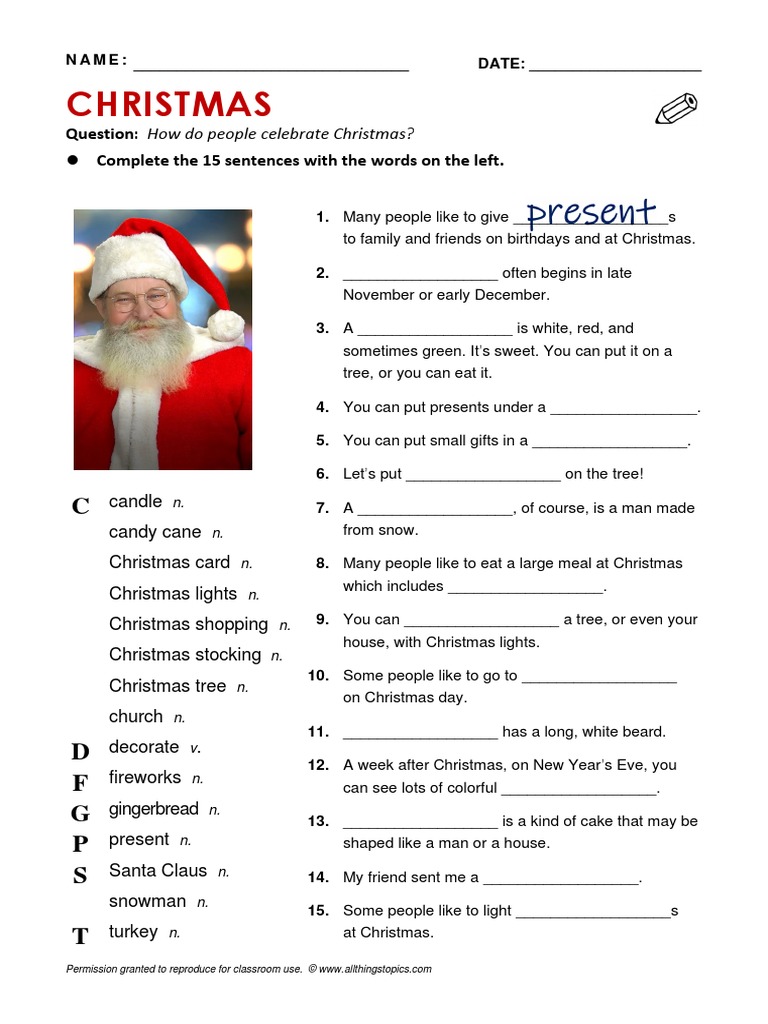 Christmas: Complete The 15 Sentences With The Words On The Left | PDF ...