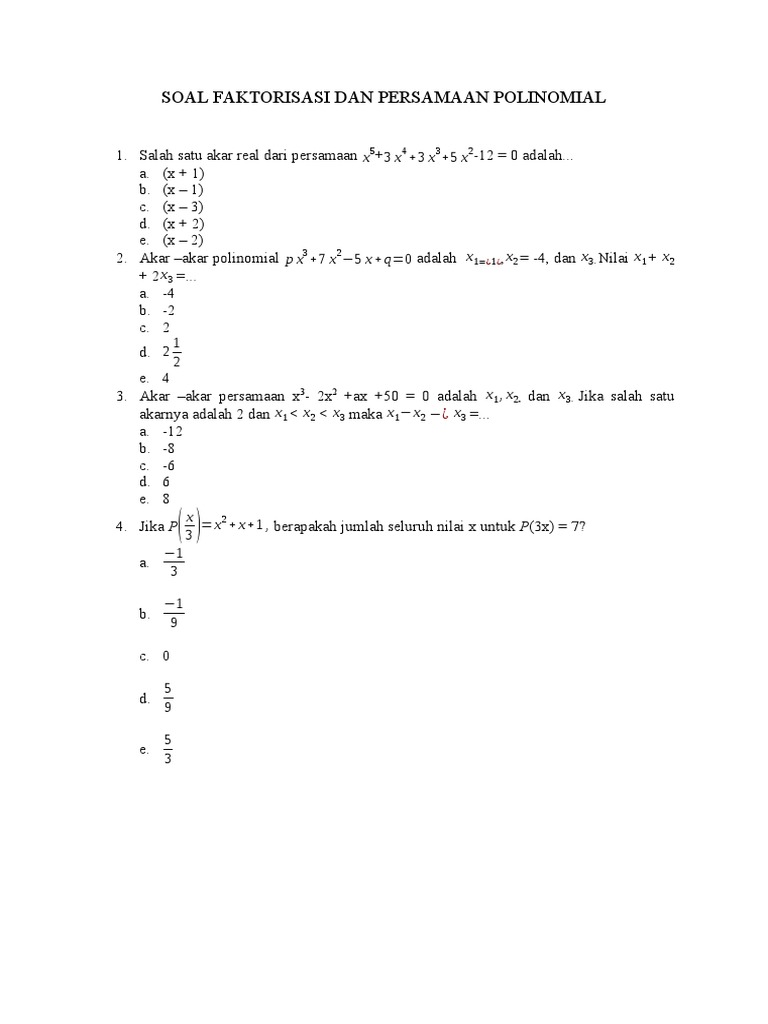 Soal Faktorisasi Dan Persamaan Polinomial | PDF