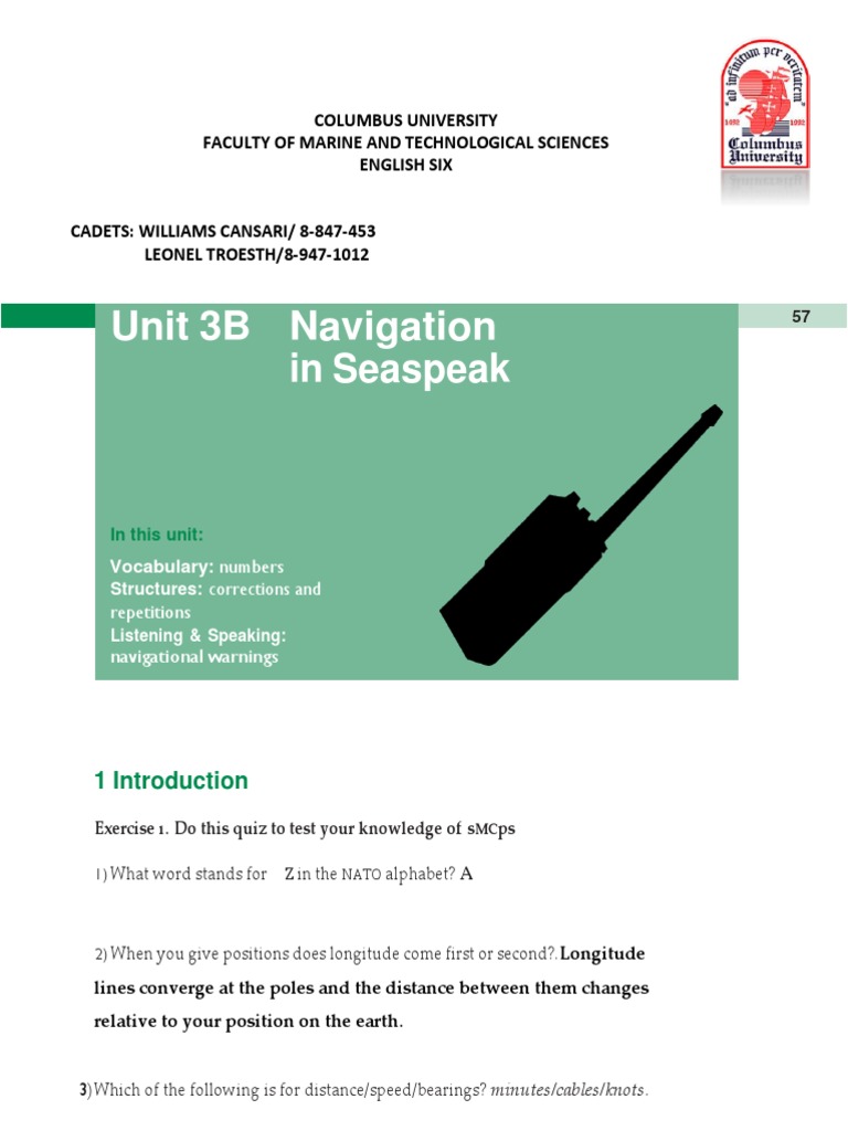 Unit 3B Navigation in Seaspeak: Columbus University Faculty of Marine ...