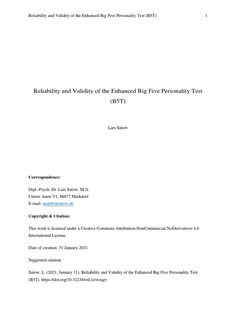 Reliability and Validity of The Enhanced Big Five Personality Test (B5T ...