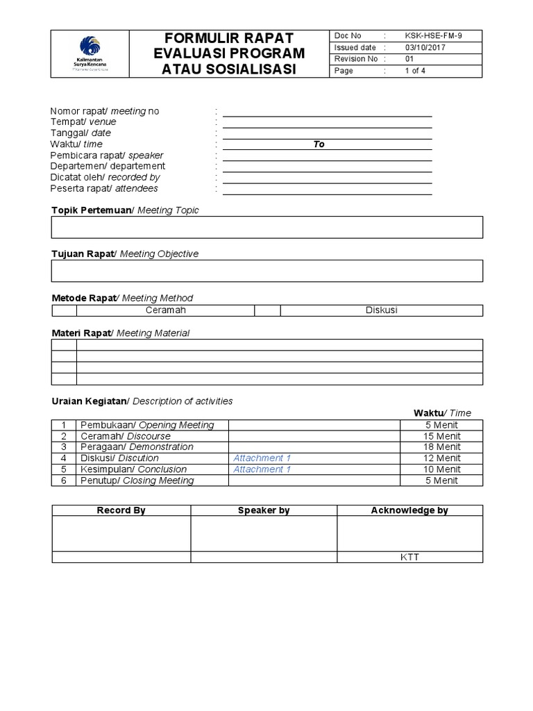 KSK-HSE-FM-09 - Formulir Rapat Evaluasi Dan Sosialisasi Program | PDF
