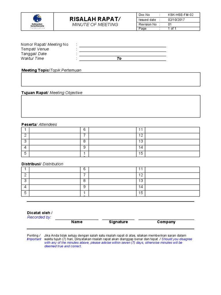 KSK-HSE-FM-02 - Formulir Risalah Rapat - Minute of Meeting | PDF