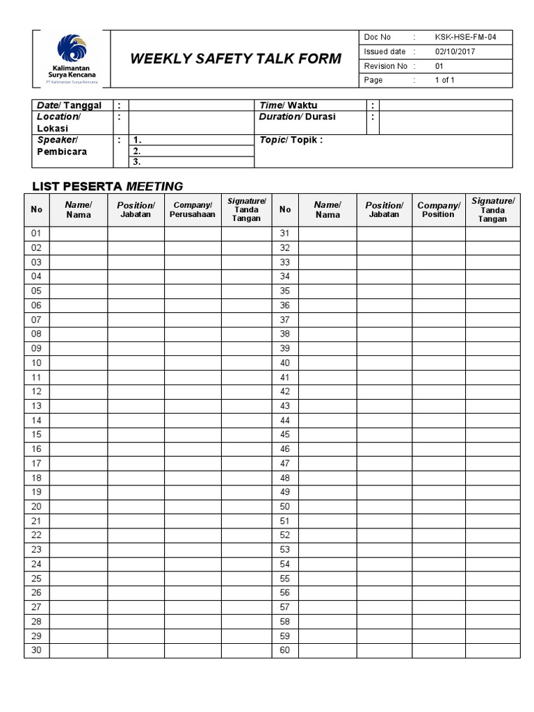 KSK-HSE-FM-04 - Formulir Safety Talk | PDF