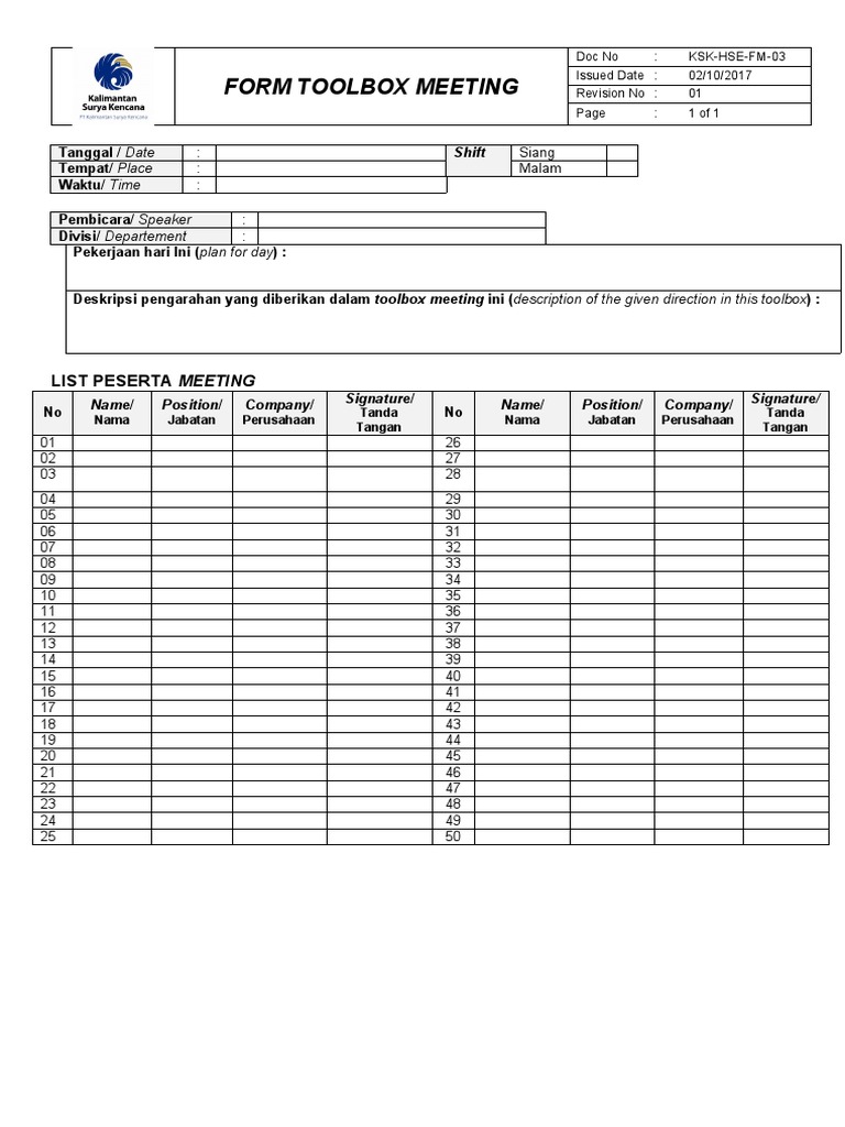 KSK-HSE-FM-03 - Formulir Daily Supervisor Toolbox Meeting | PDF