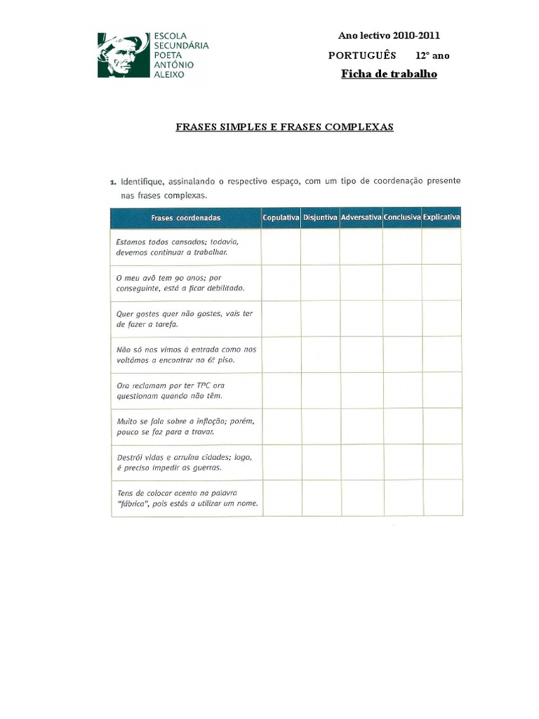 Ficha de trabalho sobre frases simples e frases complexas | PDF ...