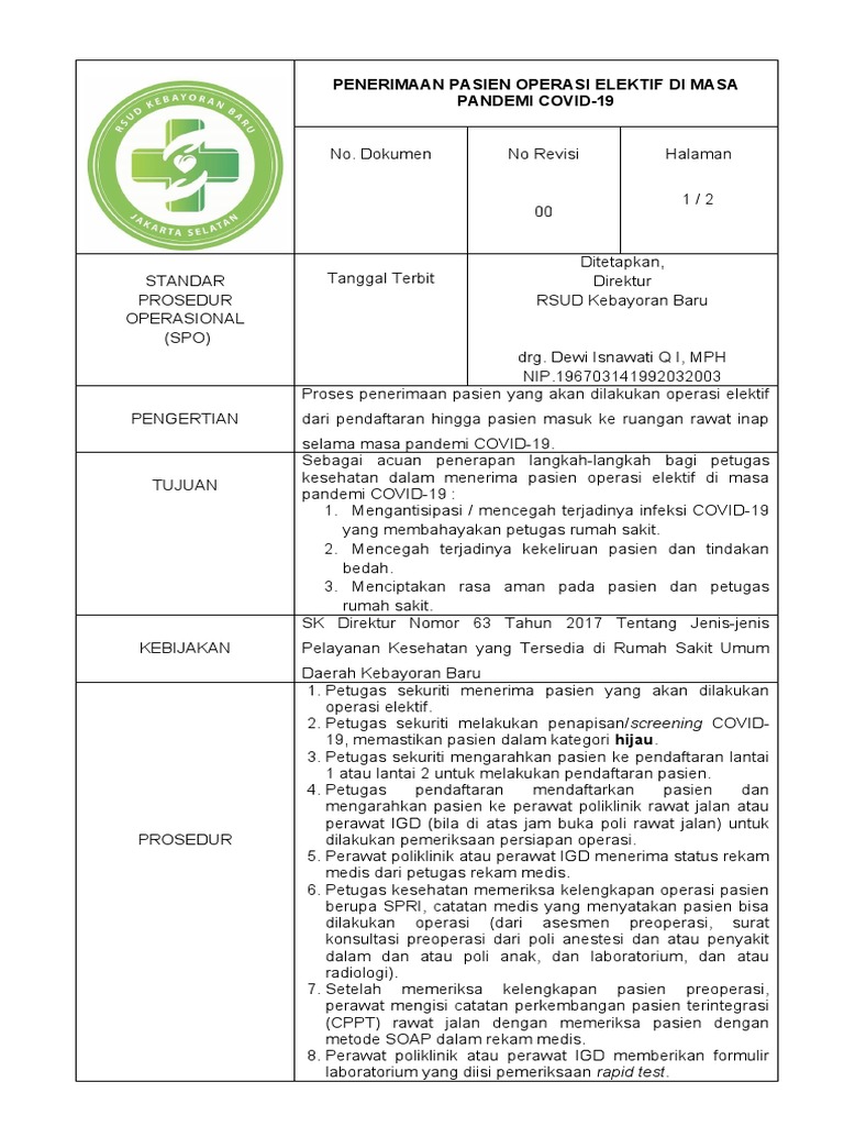 Sop Menerima Pasien Operasi Elektif | PDF
