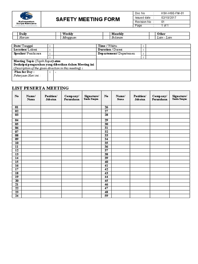 Form Safety Meeting HSE | PDF