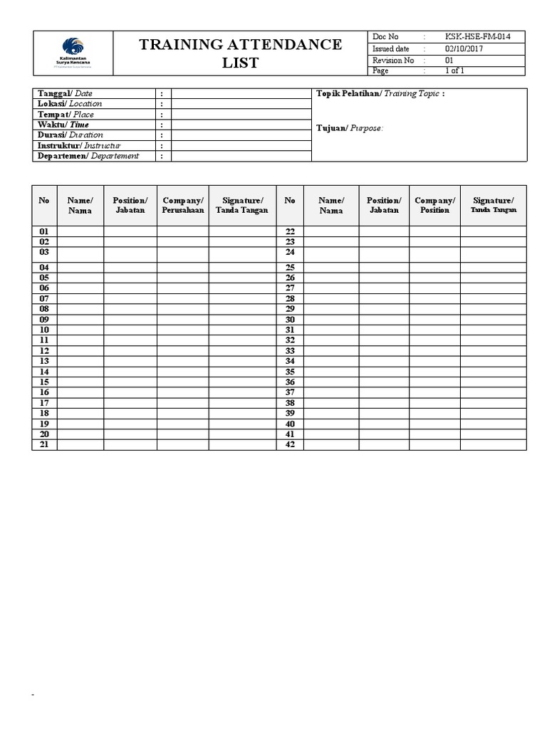 Form Training Attendance List | PDF