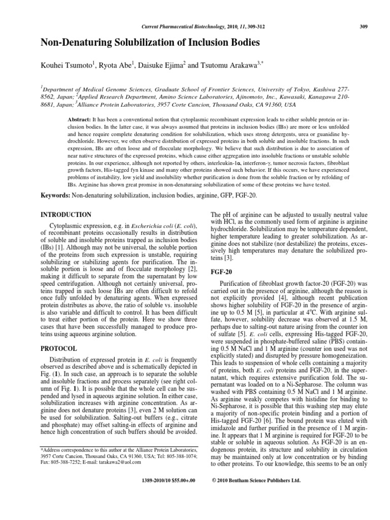 Non-Denaturing Solubilization of Inclusion Bodies | PDF | Protein ...