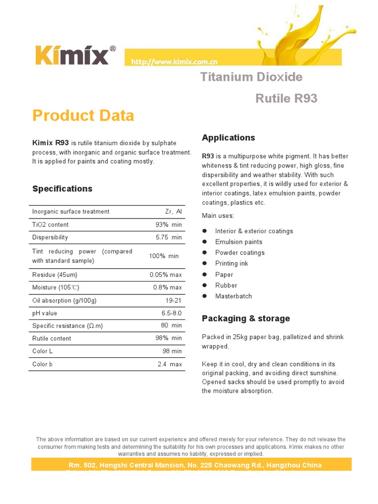 Ficha Tecnica Dioxido de Titano Rutilo R93 | PDF | Titanium Dioxide | Paint