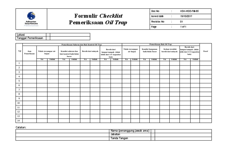 KSK-HSE-FM-85 - Formulir Cheklist Pemeriksaan Oil Trap | PDF