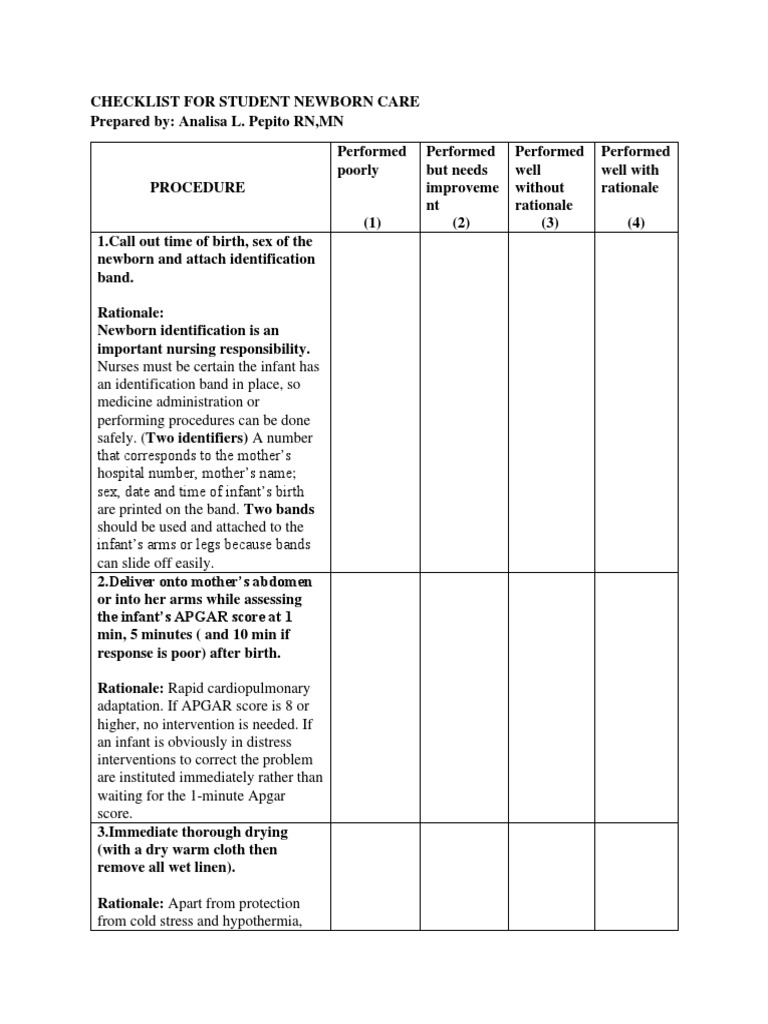 Checklist For Student Newborn Care | PDF | Infants | Tuberculosis