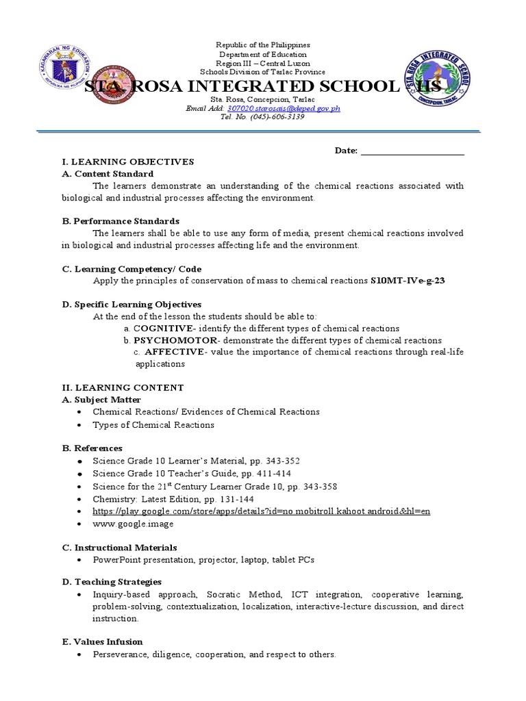 Types of Chemical Reactions Lesson Plan | PDF | Chemical Reactions ...