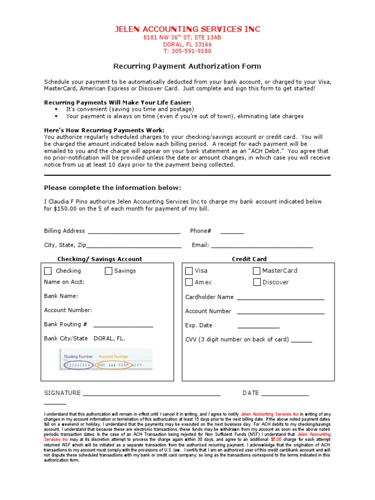 Jelen Accounting Services Inc: Recurring Payment Authorization Form ...