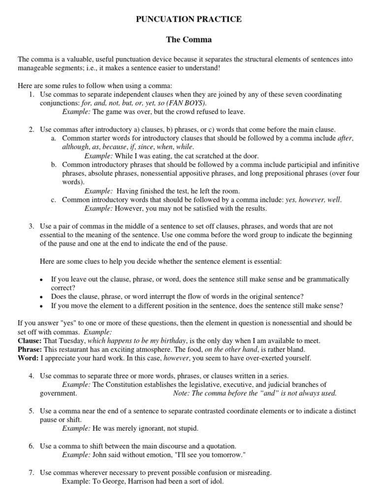 Puncuation Practice The Comma | PDF | Comma | Question