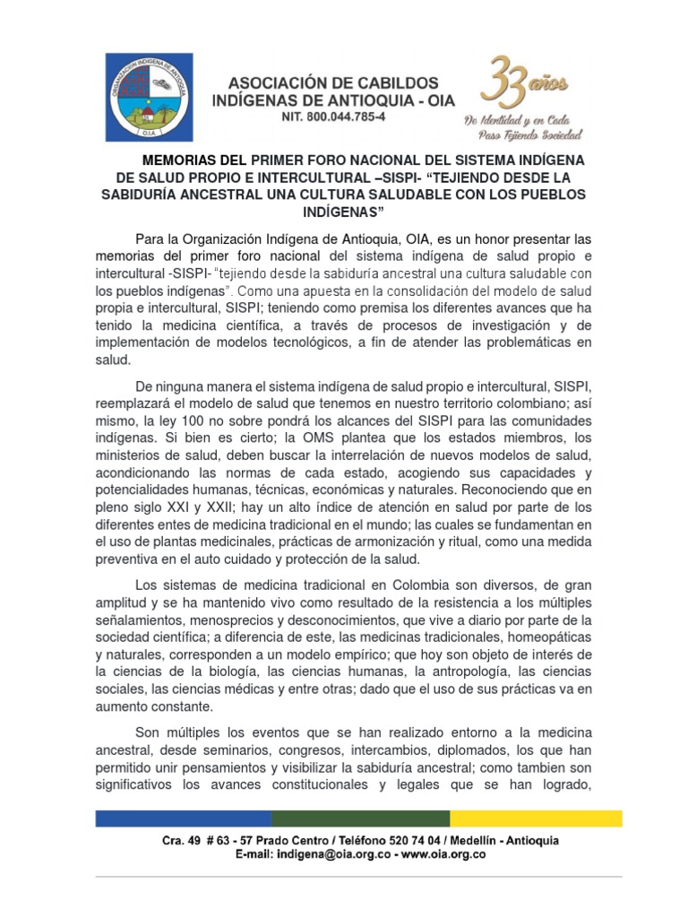 DOCUMENTO FINAL PRIMER FORO SISPI Sistema Indígena de Salud Propio e Intercultural OIA 2018 ...