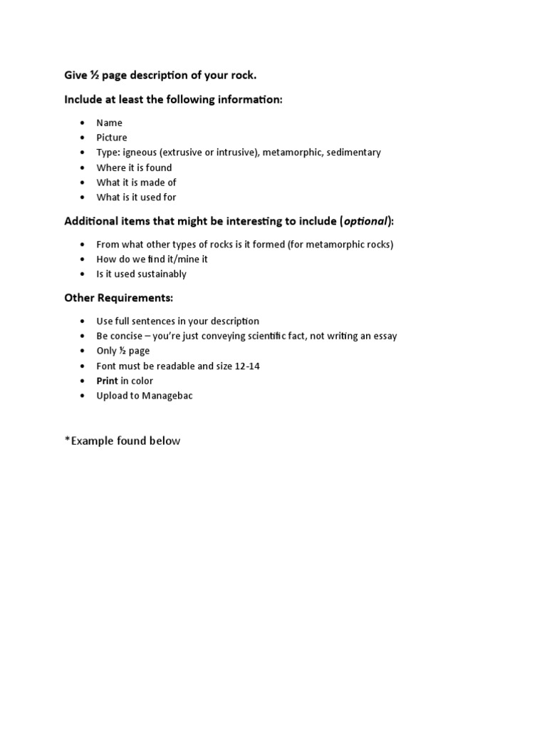 Give Page Description of Your Rock. Include at Least The Following ...