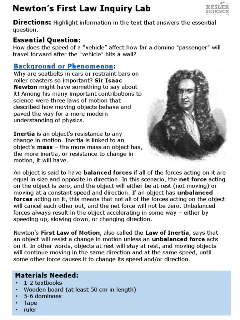 Newton's First Law Inquiry Lab Guide | PDF | Inertia | Force