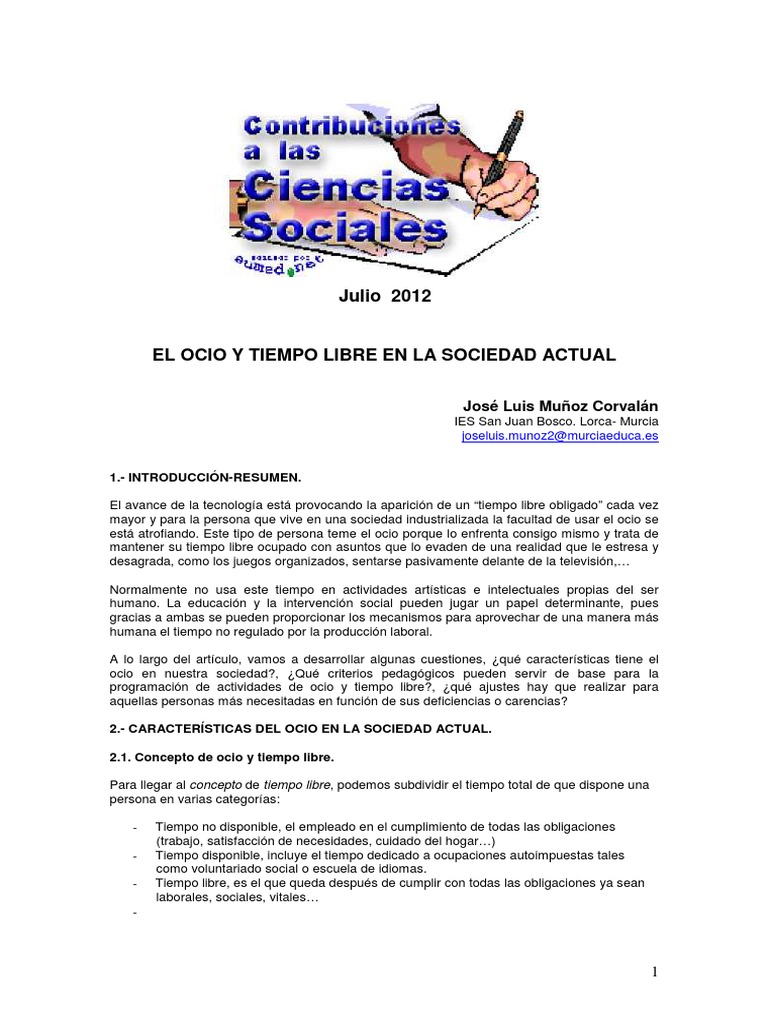 El Ocio y El Tiempo Libre en La Sociedad Actual-José Luis Muñoz ...