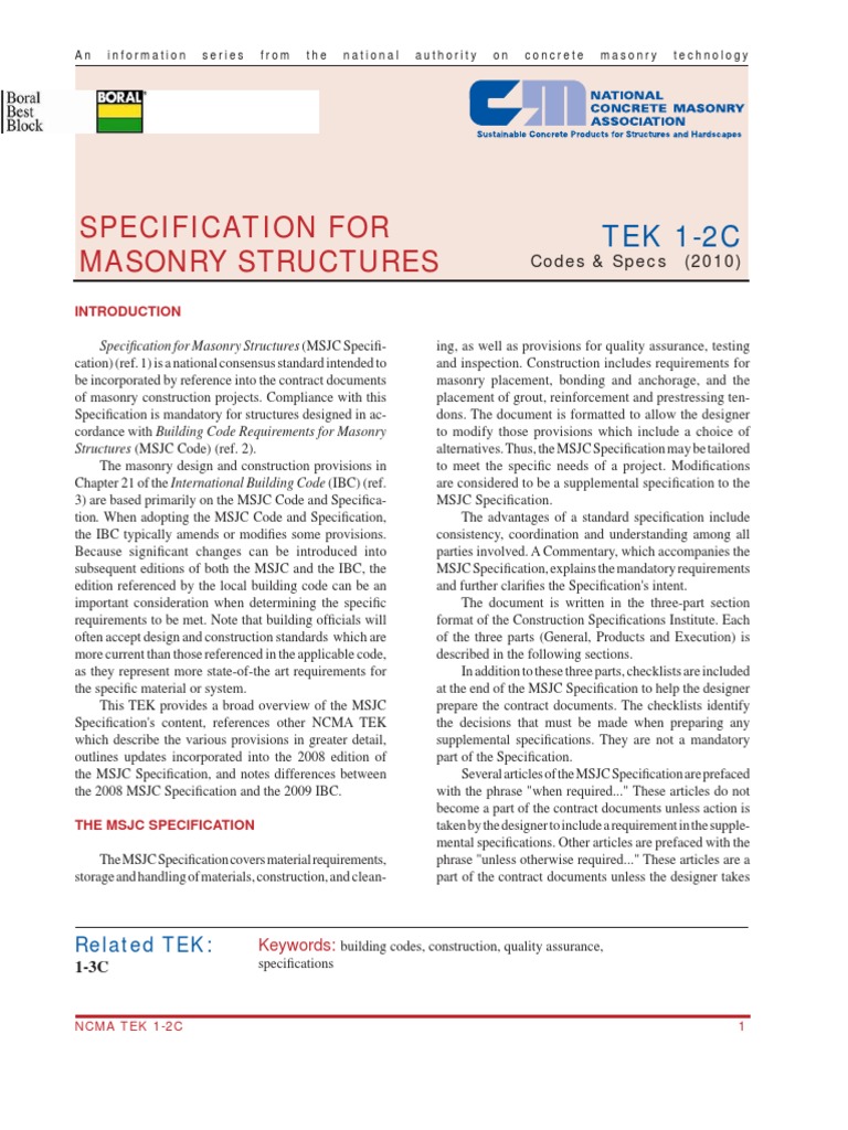 Specification For Masonry Structures: TEK 1-2C | PDF | Masonry ...