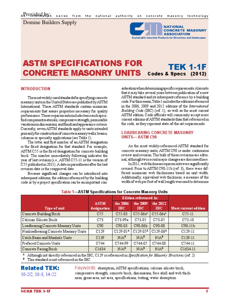 Astm Specifications For Concrete Masonry Units: TEK 1-1F | PDF | Brick ...
