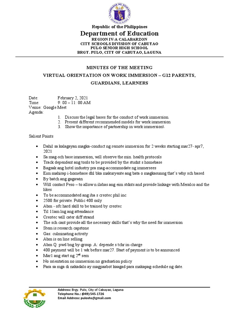Philippines school work immersion meeting | PDF | Philippines | Further ...