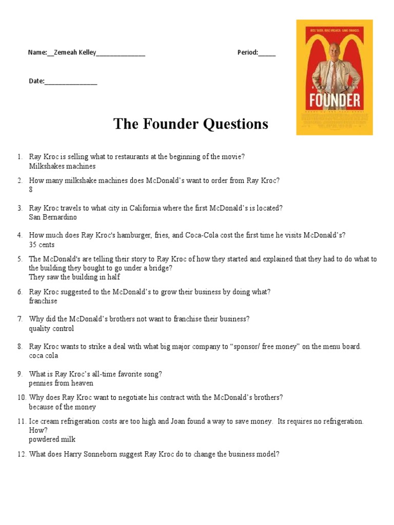 The Founder Questions: Name: - Zemeah Kelley - Period | PDF | Mc Donald ...