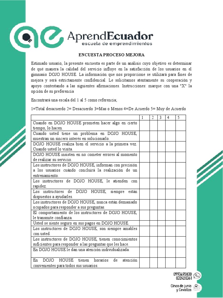 Encuesta de Satisfacción en DOJO HOUSE | PDF | Business | Informática y ...
