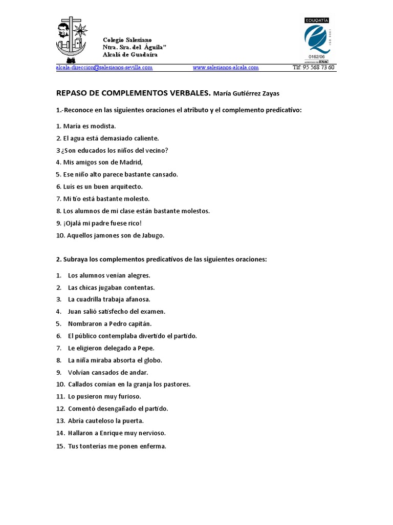 Ejercicios de Complementos Verbales | PDF | Gramática | Oración (Lingüística)