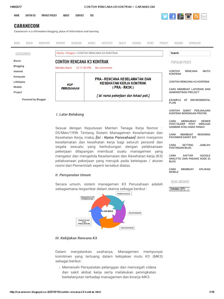 Contoh Rencana k3 Kontrak - Caranecom | PDF