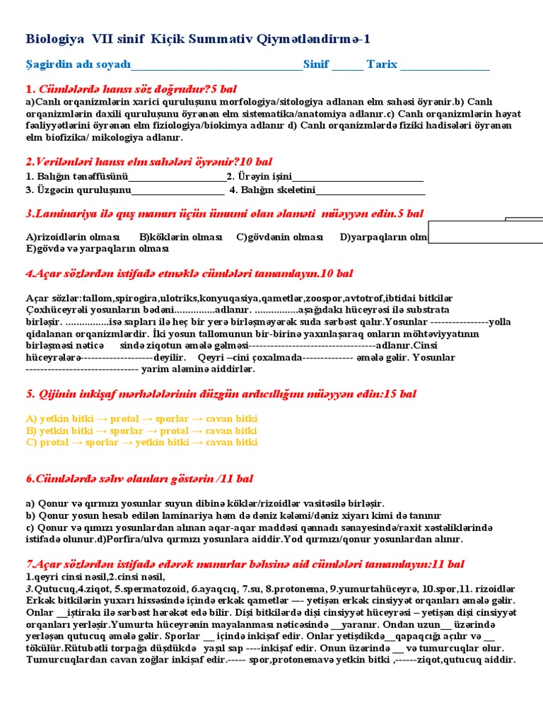 KSQ 1 Biologiya 7 Sinif 2019 2020 | PDF