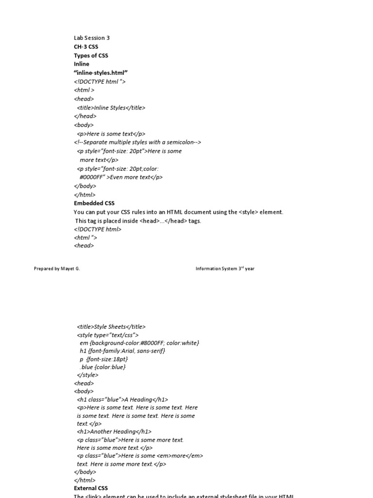 Ch-3 Css Types of CSS Inline "Inline-Styles - HTML": Lab Session 3 ...