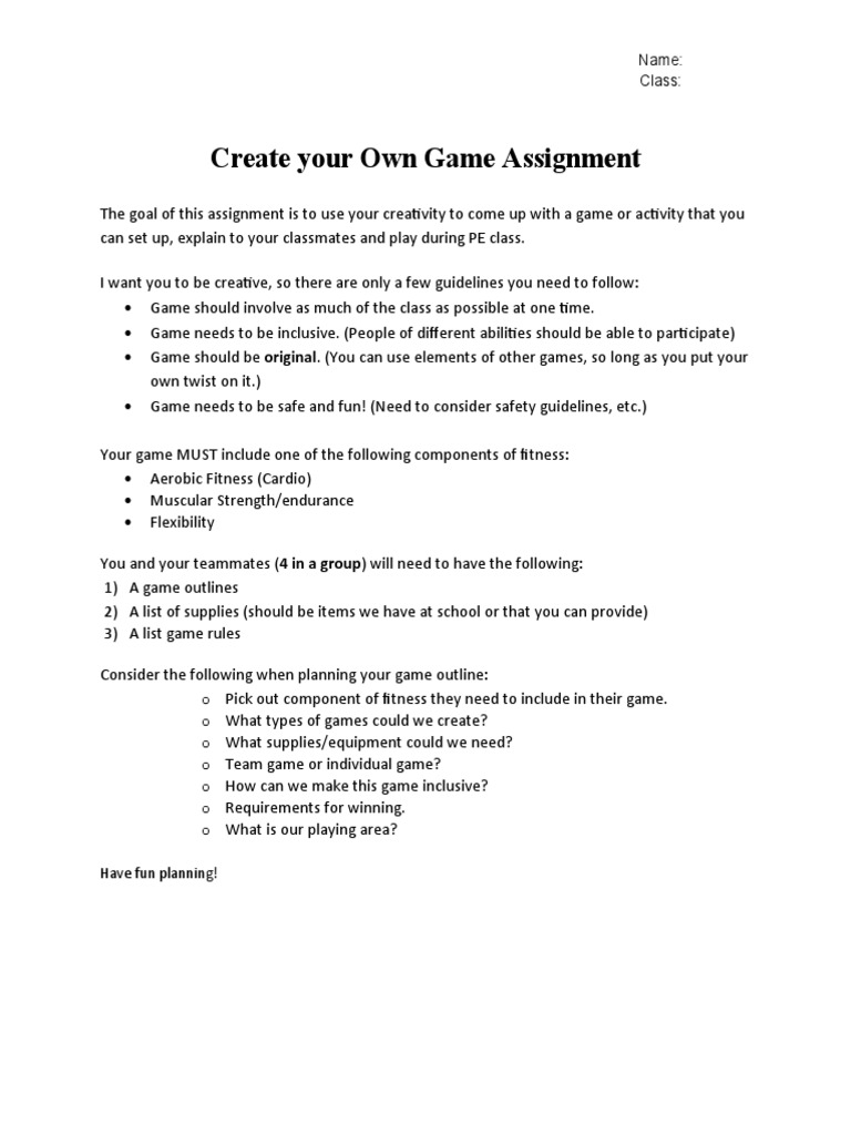 Create Your Own PE Game Assignment | PDF | Physical Fitness | Psychology